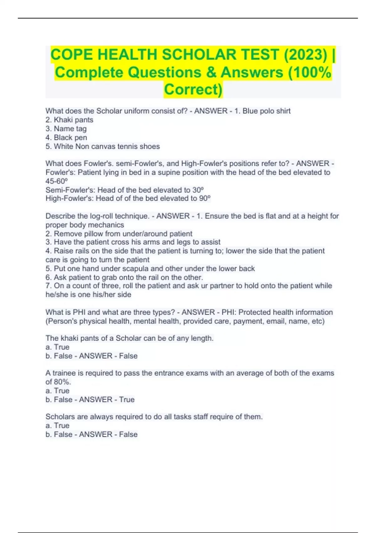 COPE HEALTH SCHOLAR TEST (2023) | Complete Questions & Answers (100% ...