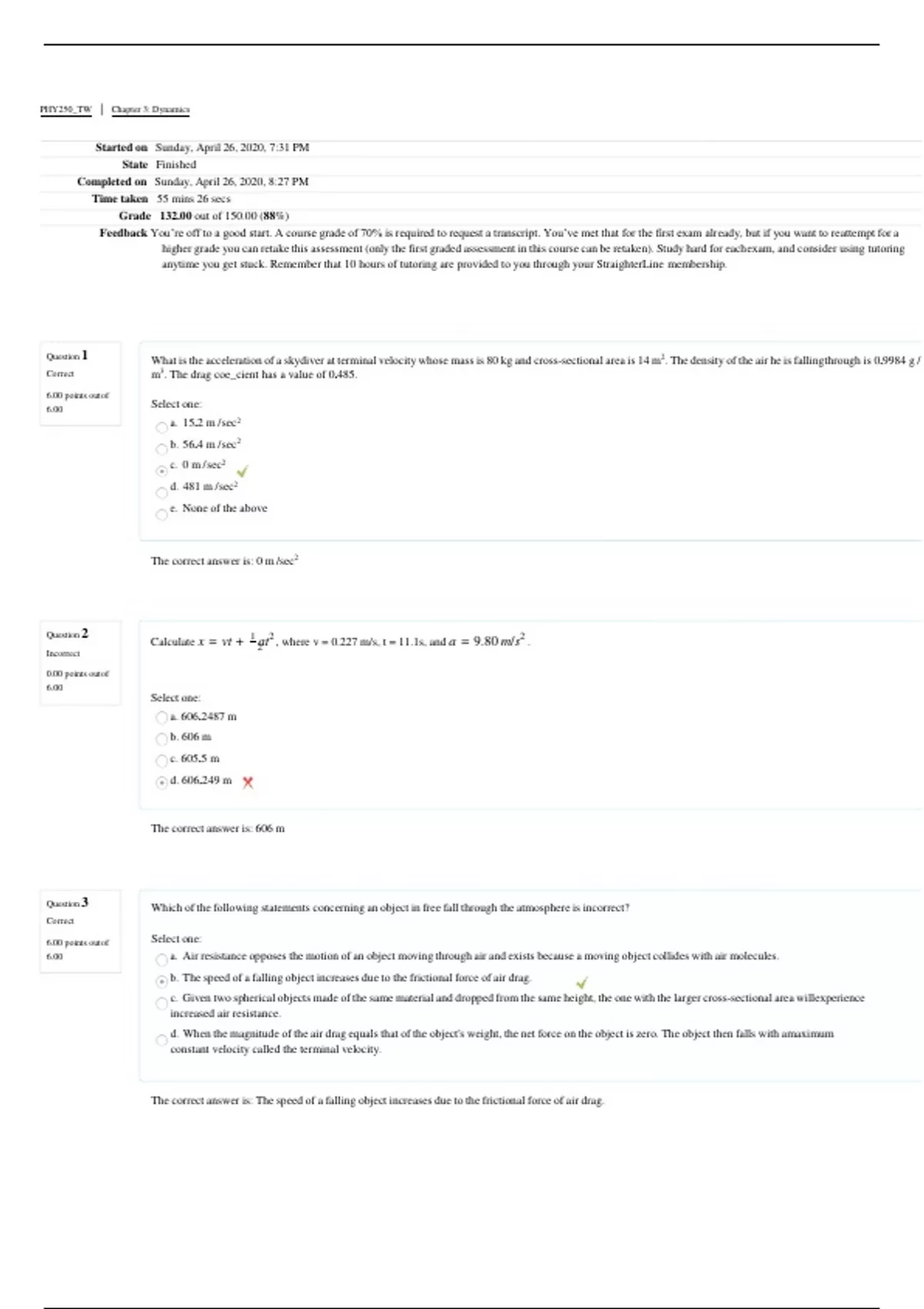 StraighterLine PHY 250 General Physics I All Graded Exams ...