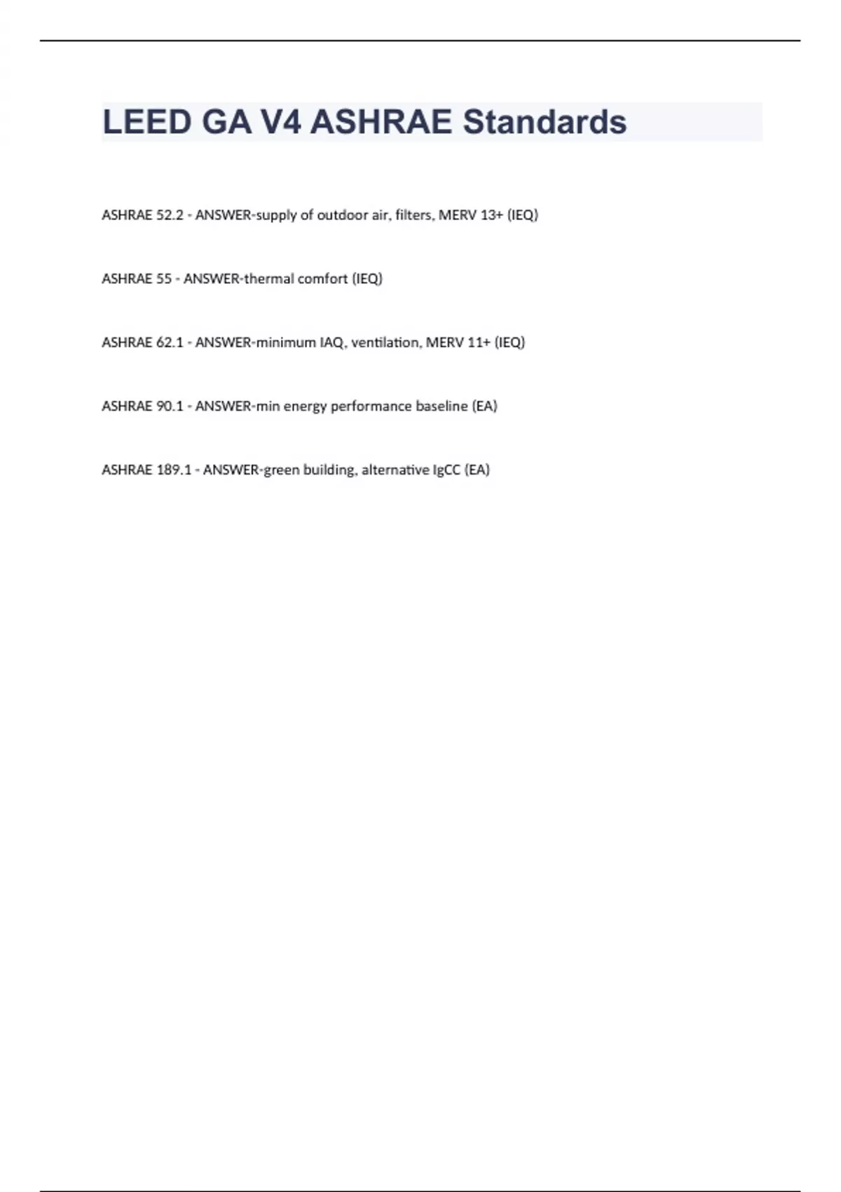 LEED GA V4 ASHRAE Standards - LEED GA V4 ASHRAE Standards - Stuvia US