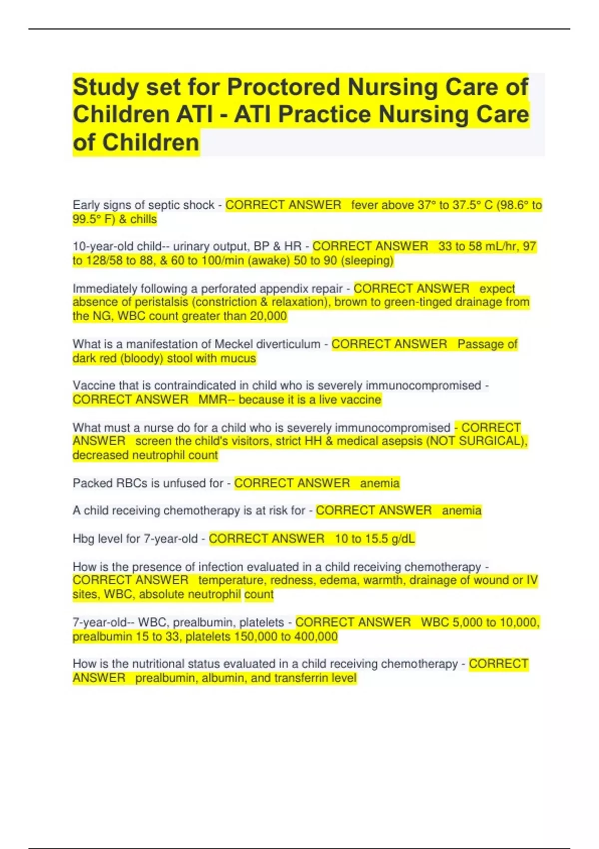 Study set for Proctored Nursing Care of Children ATI - ATI Practice ...
