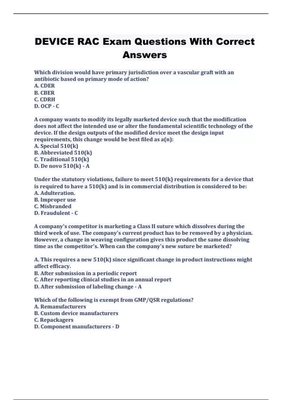 DEVICE RAC Exams Questions and Answers () Full Solutions Pack - Stuvia US