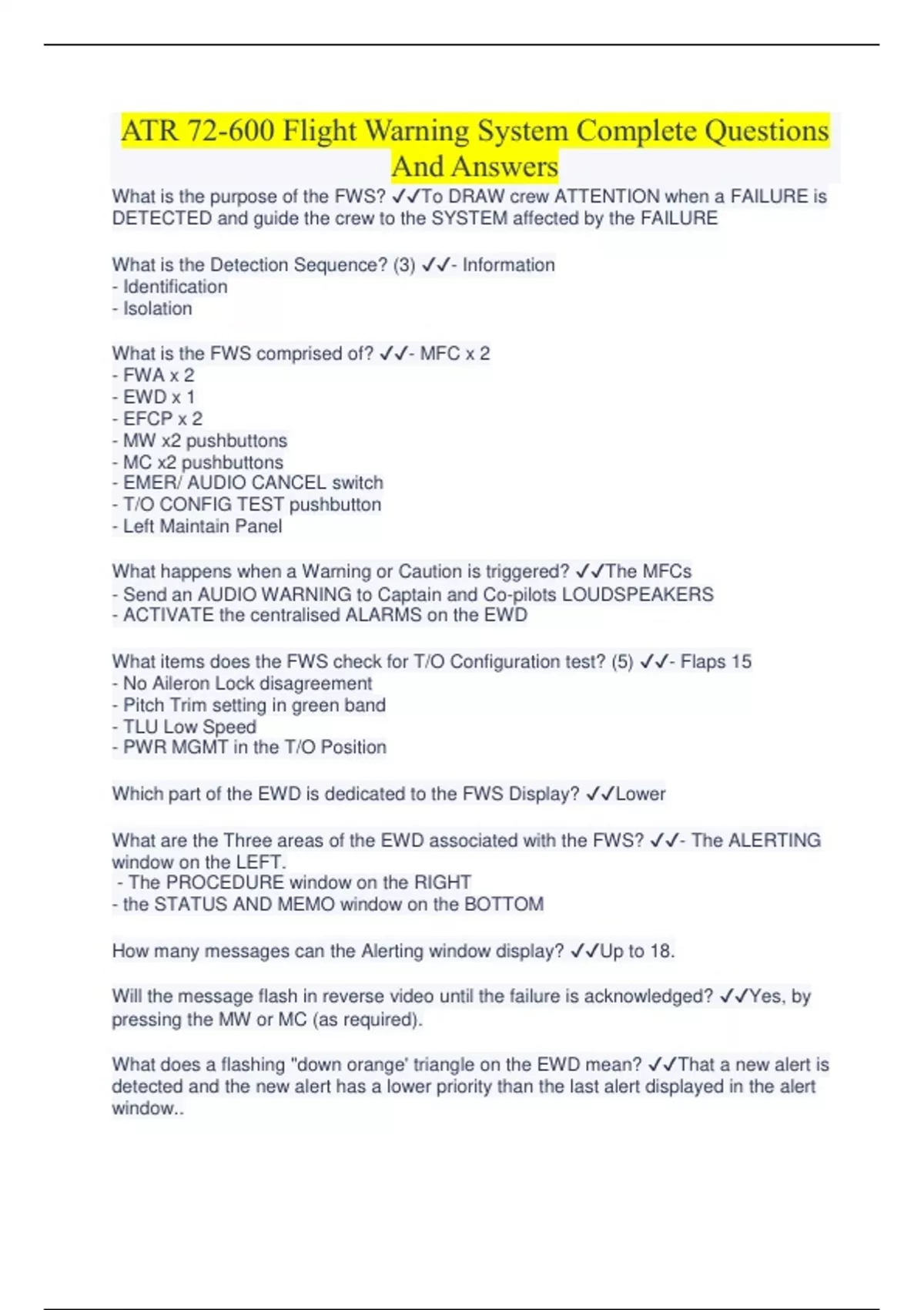 ATR 72-600 Flight Warning System Complete Questions And Answers - ATR ...