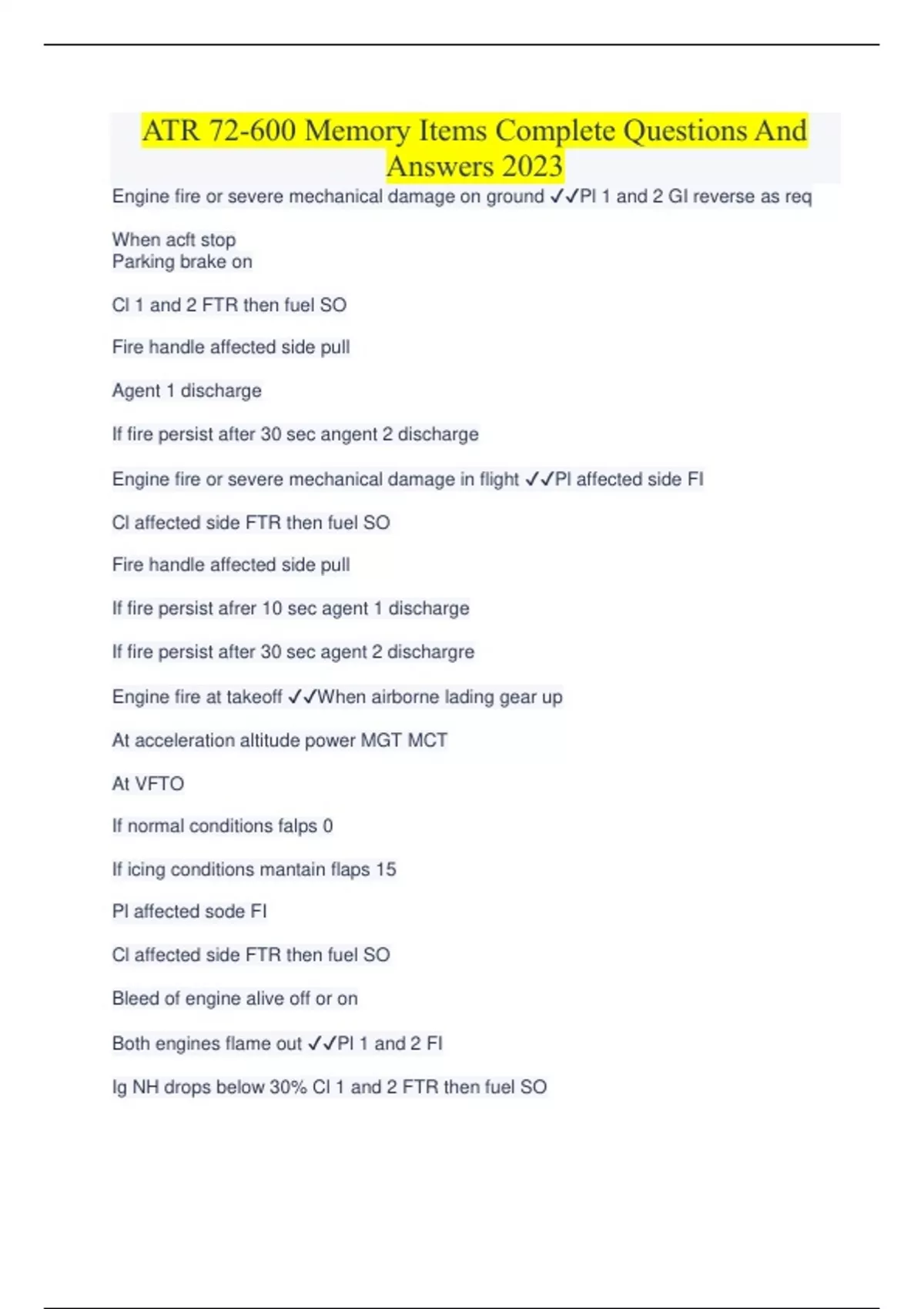 ATR 72-600 Memory Items Complete Questions And Answers 2023 - ATR 72-600 - Stuvia US