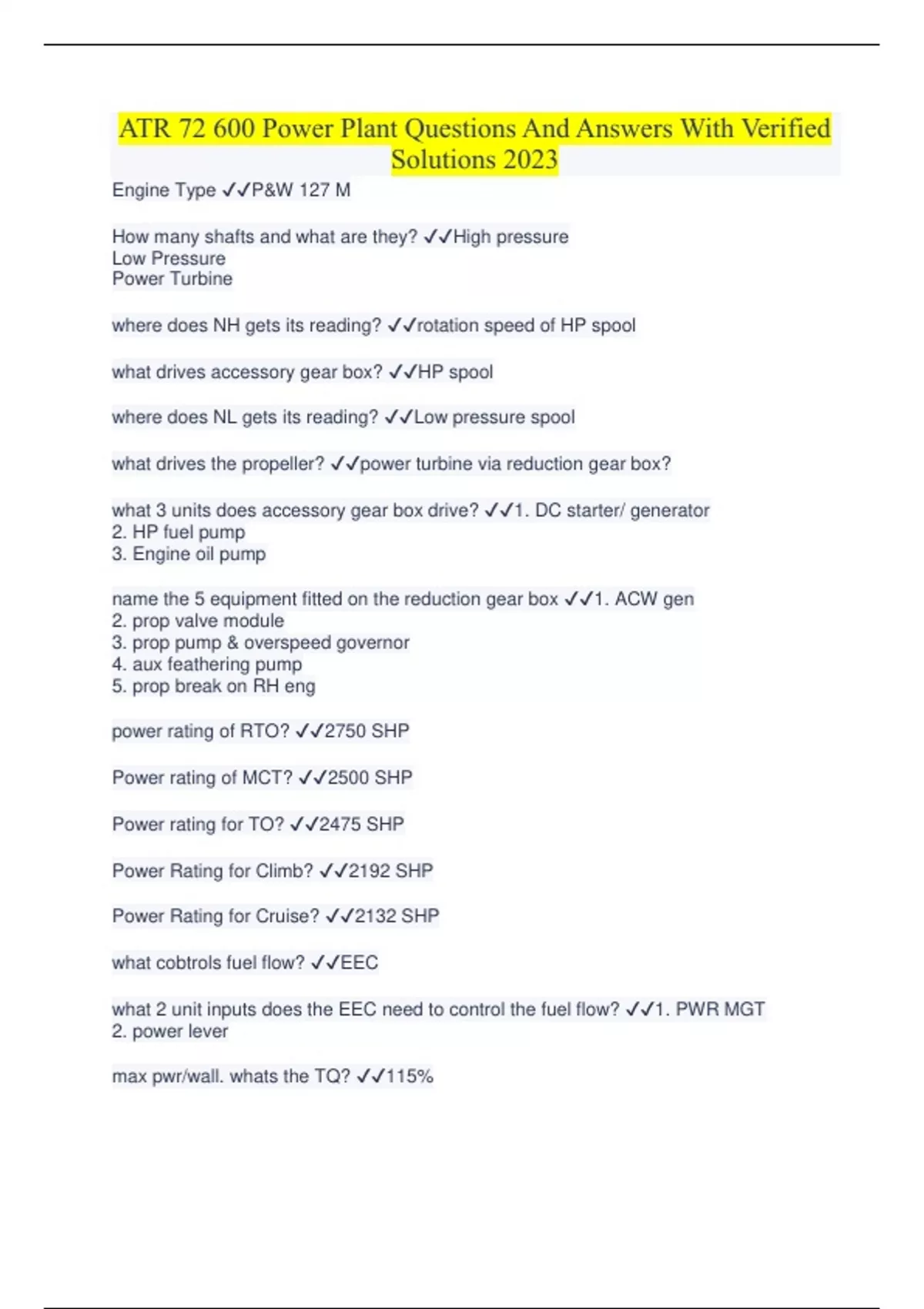 ATR 72 600 Power Plant Questions And Answers With Verified Solutions ...