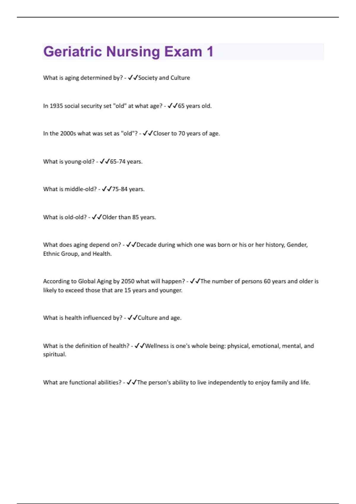 Geriatric Nursing Exam 1| Questions and Answers(A+ Solution guide ...