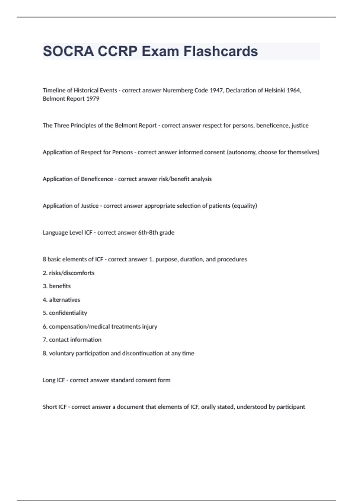 SOCRA CCRP Exam Flashcards correctly answered rated A+ 2023 - CCRC - Stuvia US