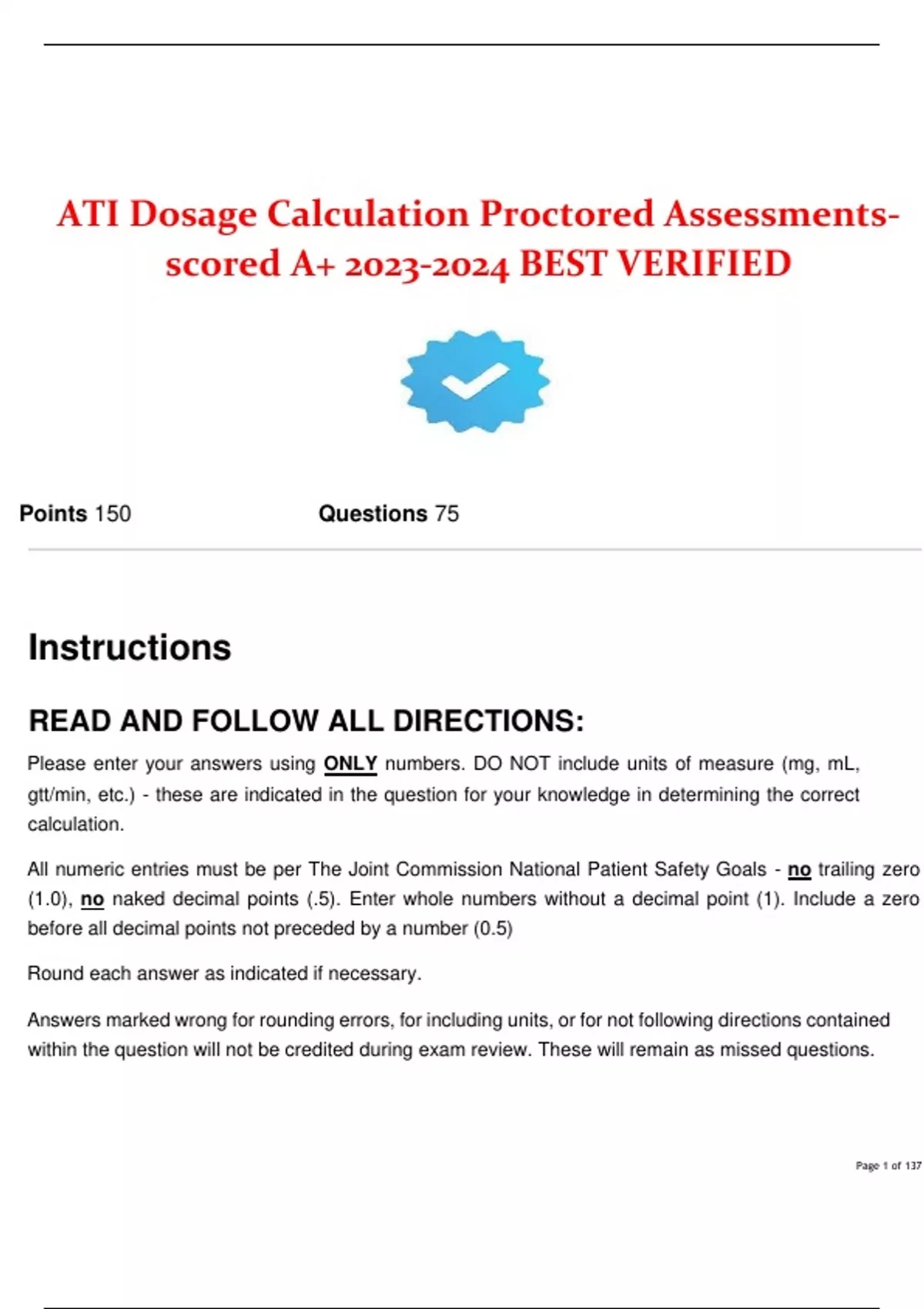 ATI Dosage Calculation Proctored Assessments-scored A+ BEST VERIFIED ...