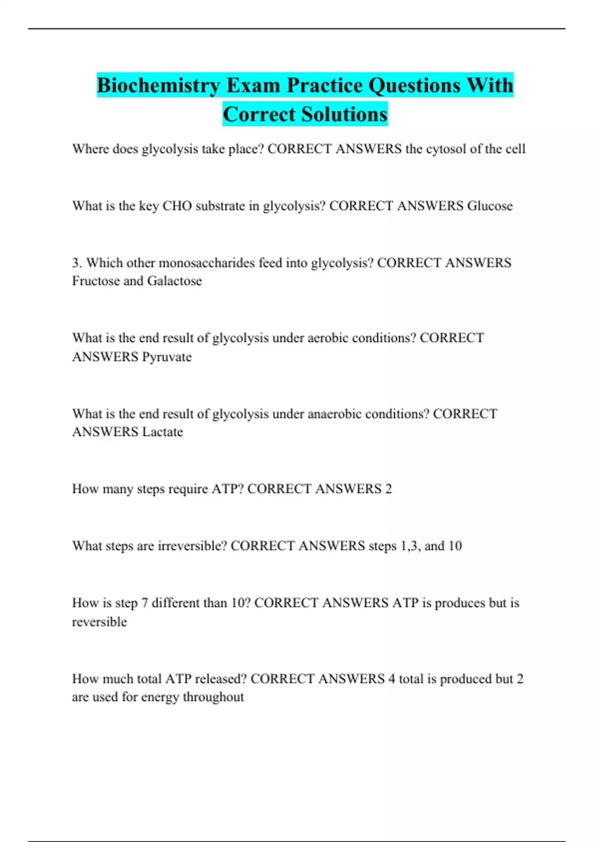Biochemistry Exam Practice Questions With Correct Solutions Biochemistry Stuvia Us