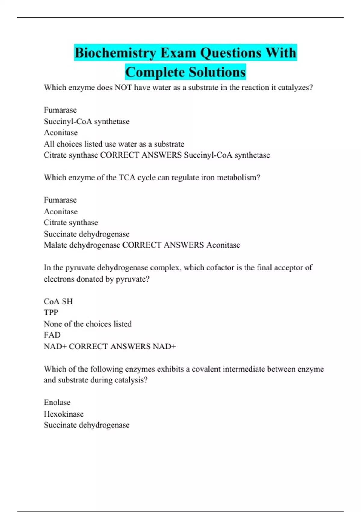 Biochemistry Exam Questions With Complete Solutions - Biochemistry ...