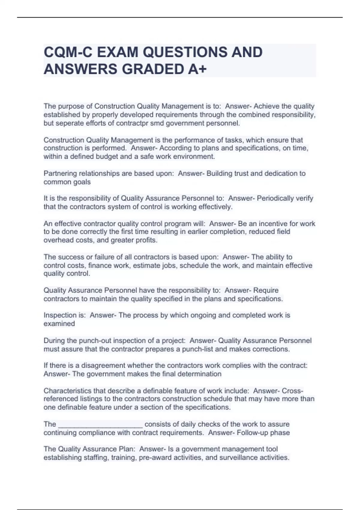 CQM-C EXAM QUESTIONS AND ANSWERS GRADED A+ - CQM-C - Stuvia US