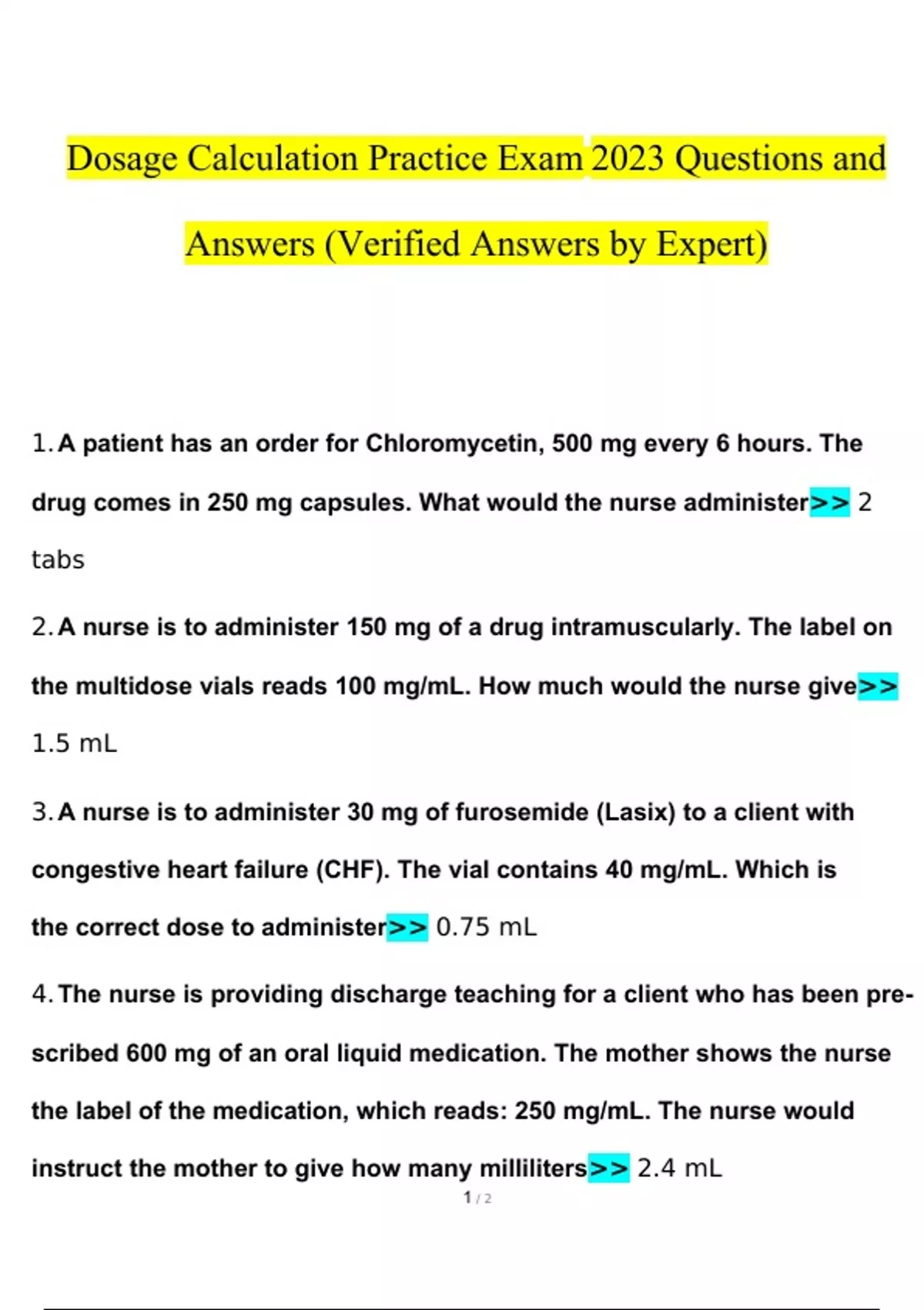 Dosage Calculation Practice Exam questions and answers latest [100% ...