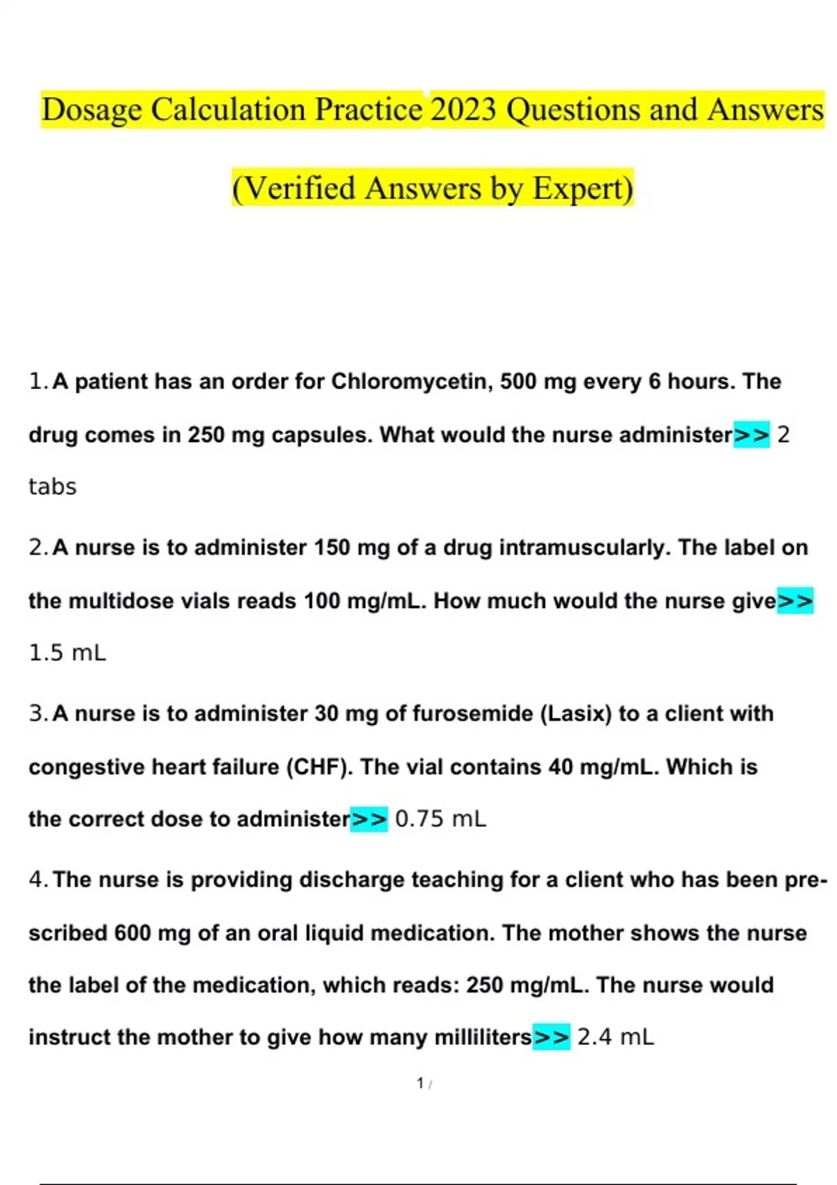 Dosage Calculation Practice questions and answers latest [100% correct ...