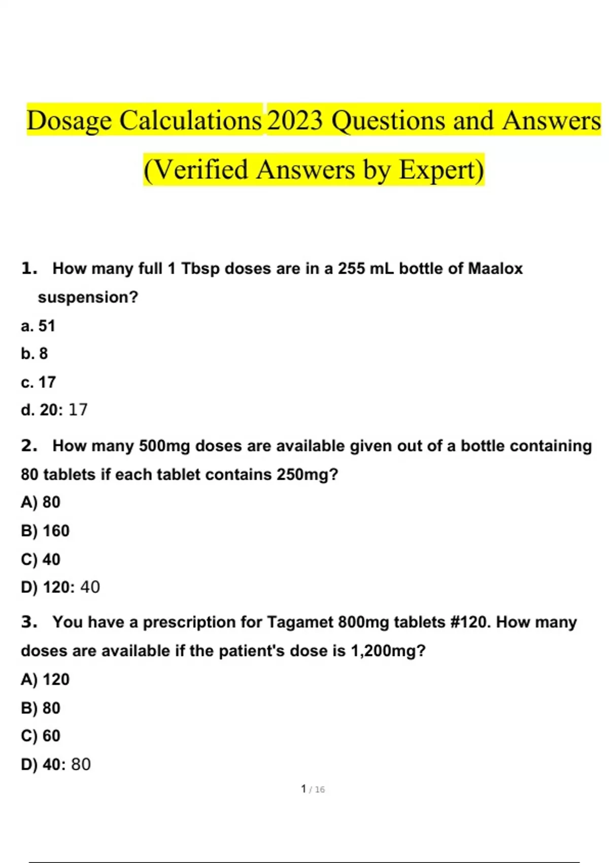 Dosage Calculations questions and answers latest [100% correct answers ...