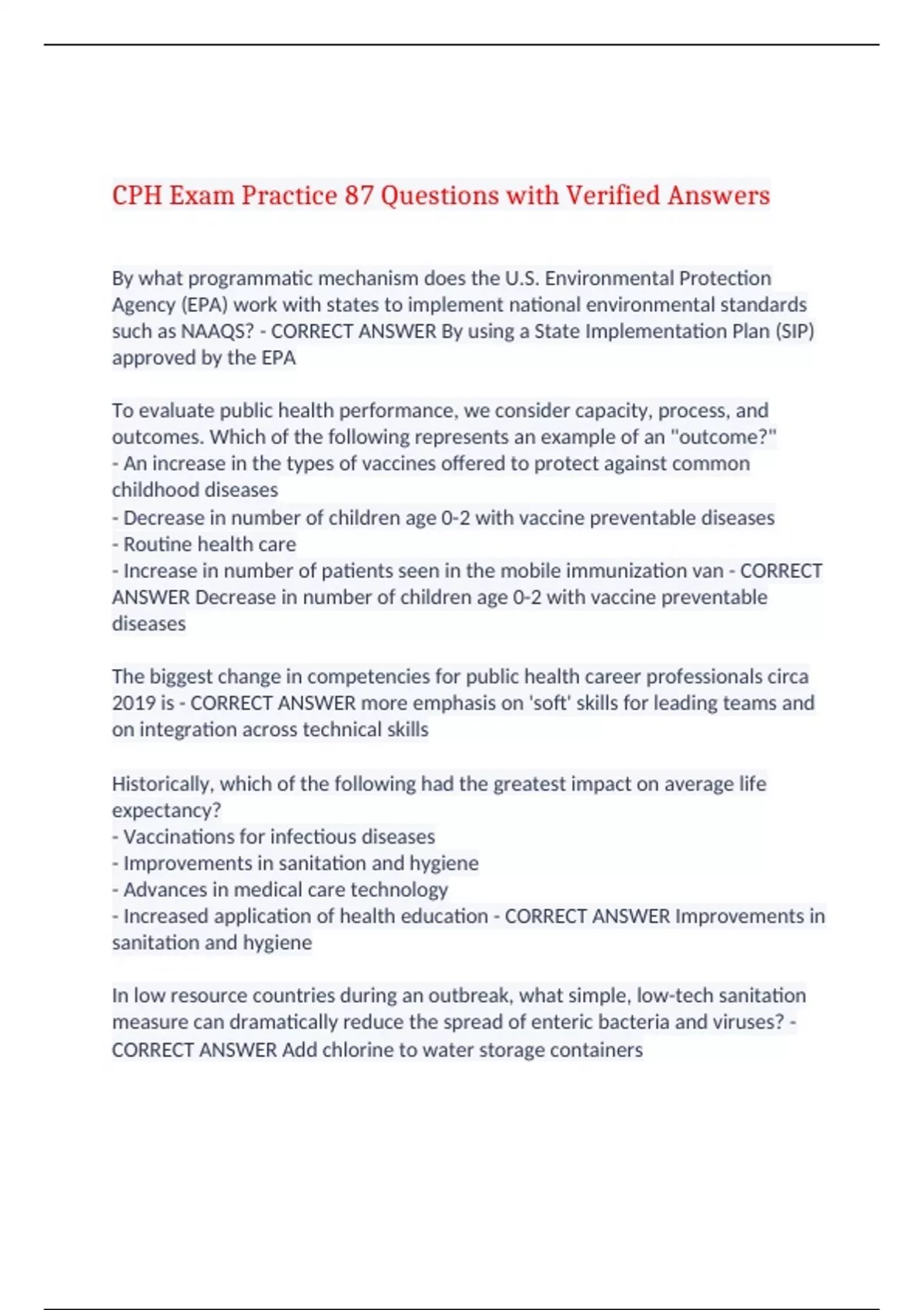 CPH Exam Practice 87 Questions with Verified Answers,100% CORRECT - CPH ...