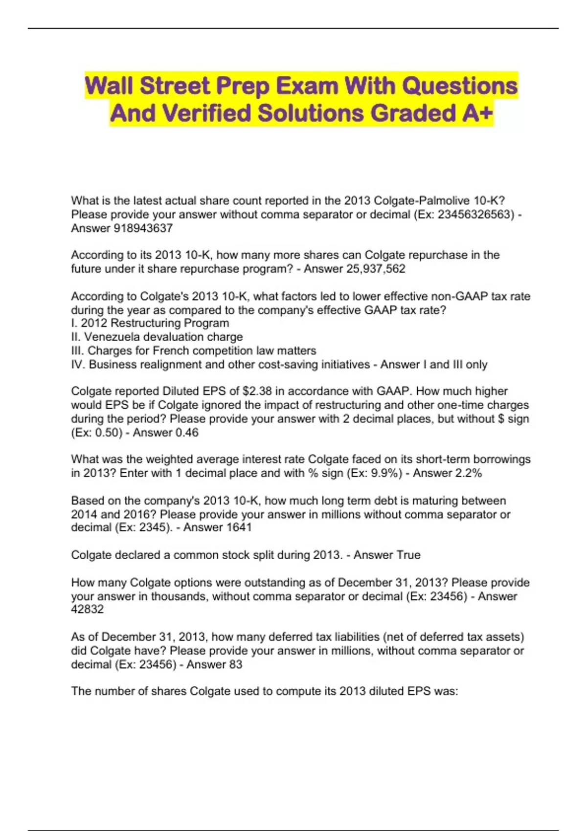 Wall Street Prep Exam With Questions And Verified Solutions Graded A+ ...