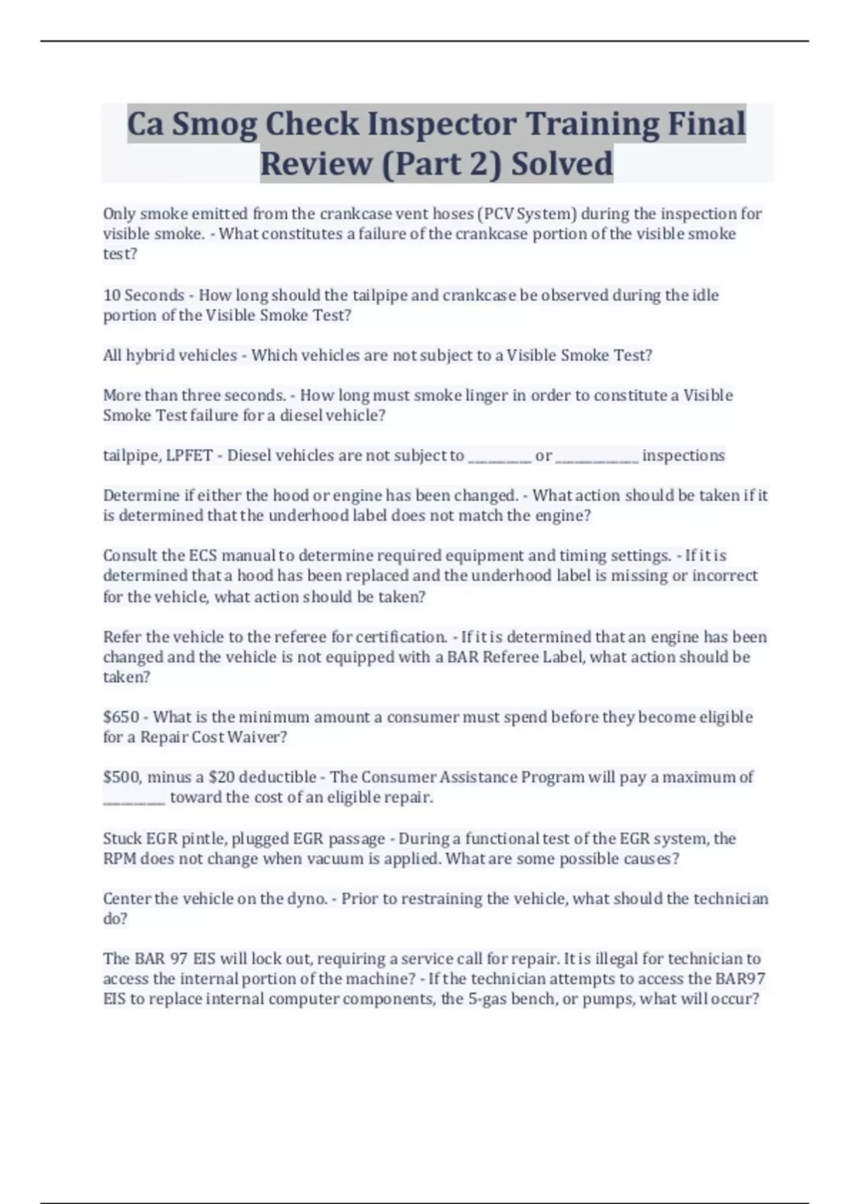 Ca Smog Check Inspector Training Final Review (Part 2) Solved - Smog - Stuvia US