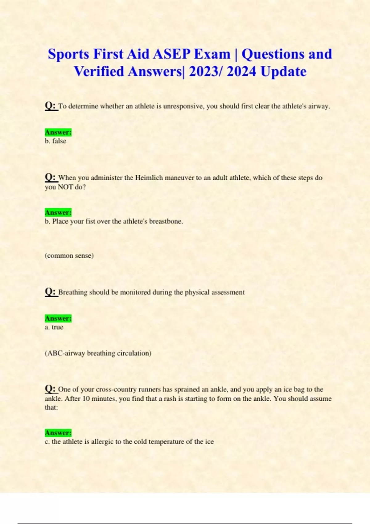 Sports First Aid ASEP Exam | Questions and Verified Answers| 2023/ 2024 Update - Sport First AID ...