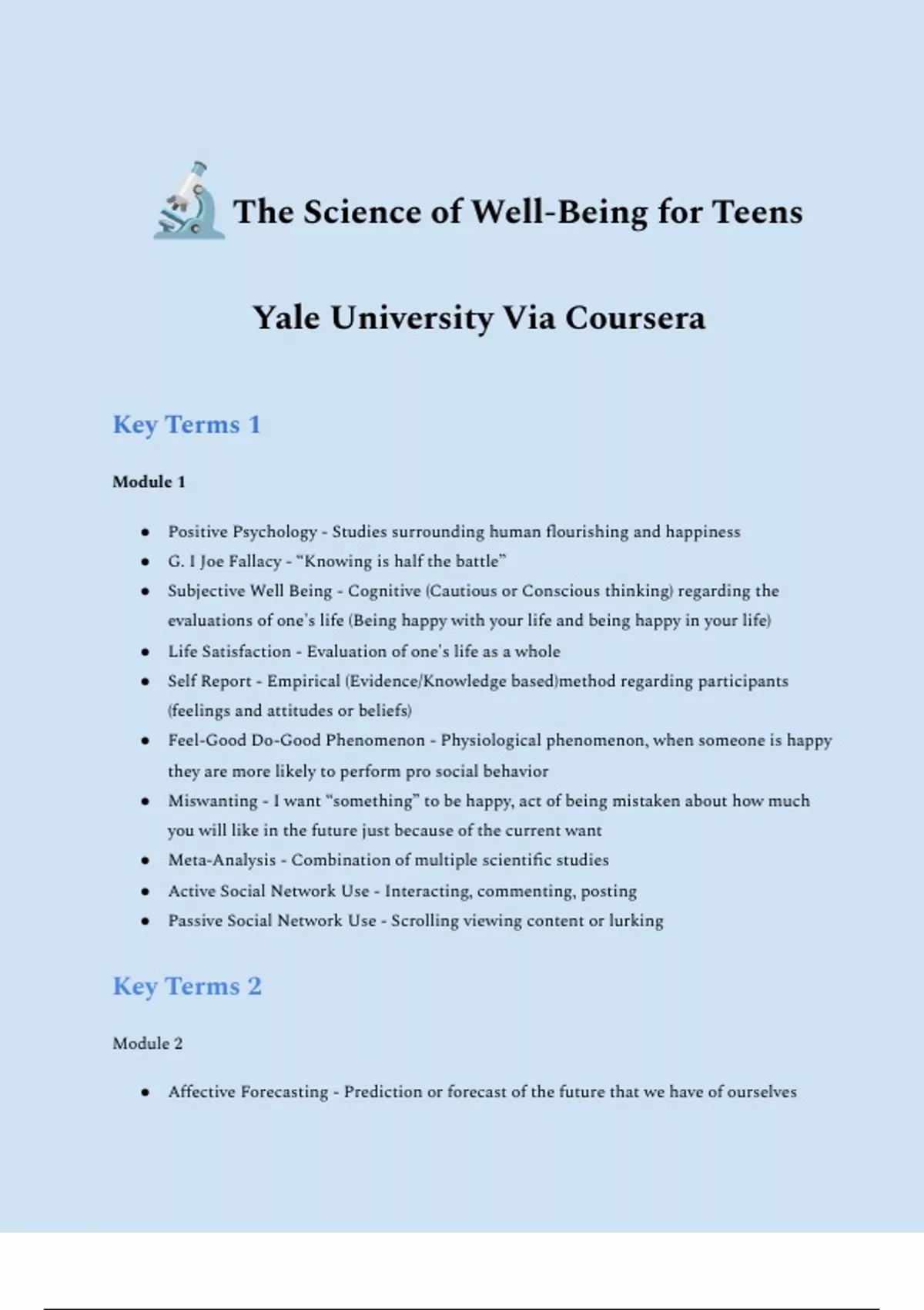 Summary Notes: The Science of Well-Being for Teens Yale University ...