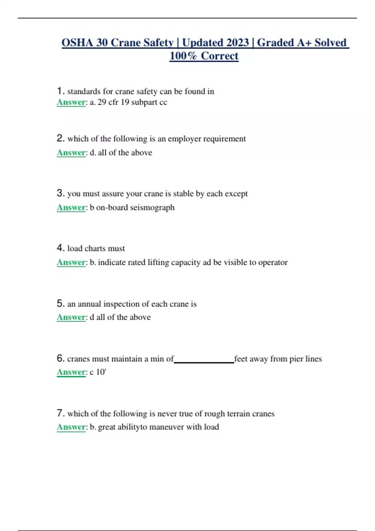 OSHA 30 Crane Safety | Updated 2023 | Graded A+ Solved 100% Correct ...