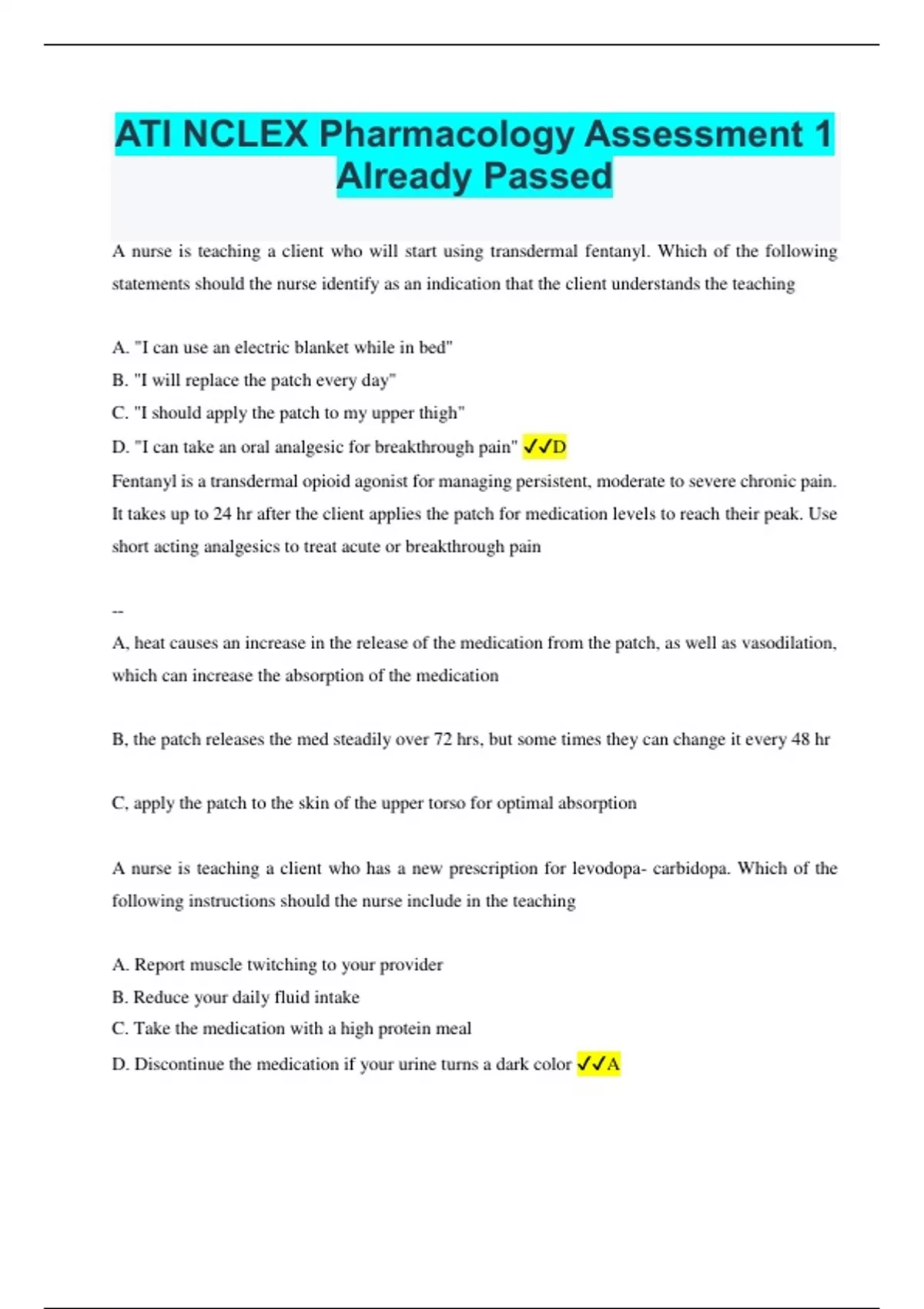 ATI NCLEX Pharmacology Assessment 1 Already Passed - ATI NCLEX ...