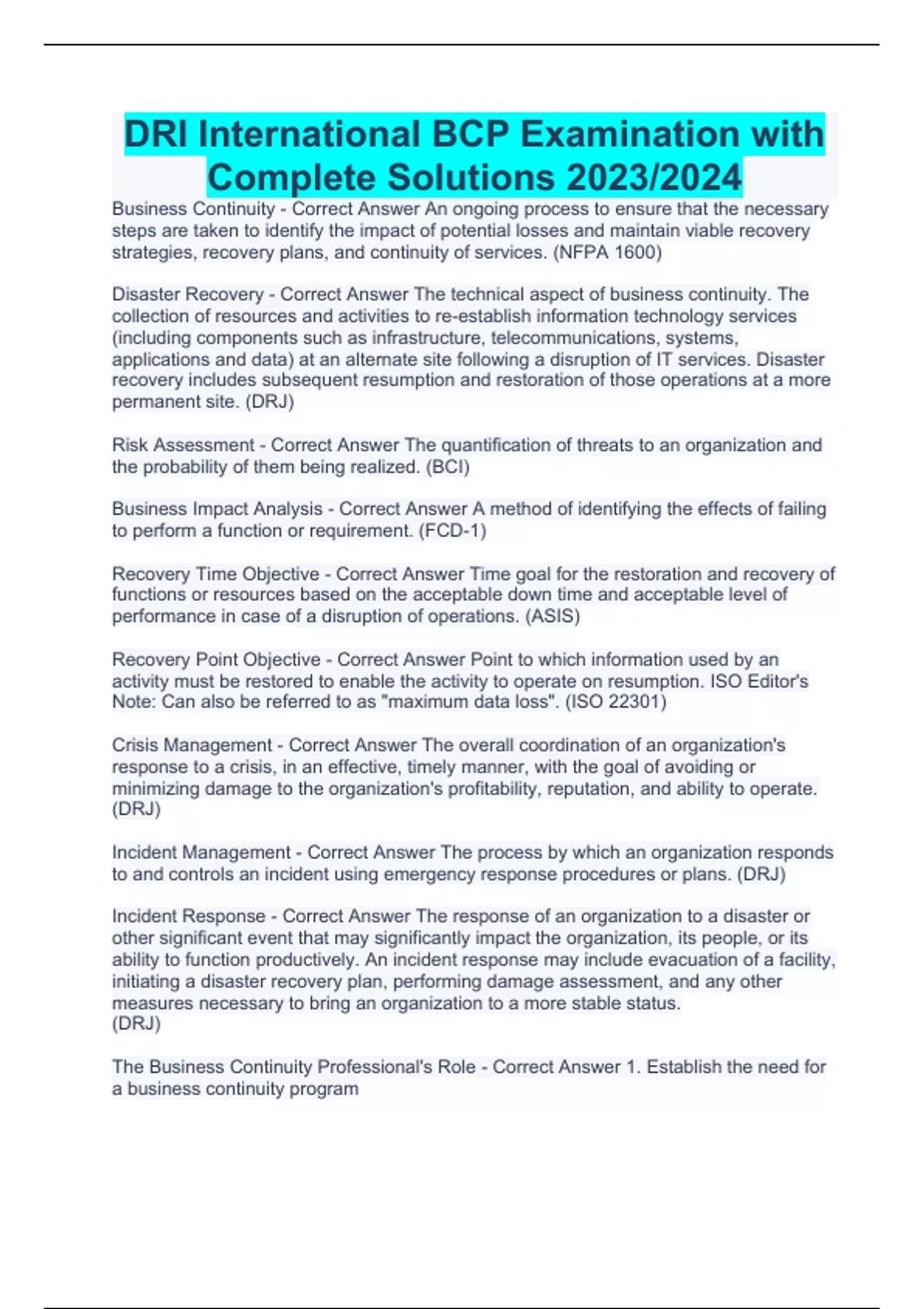 DRI International BCP Examination with Complete Solutions 2023/2024 ...