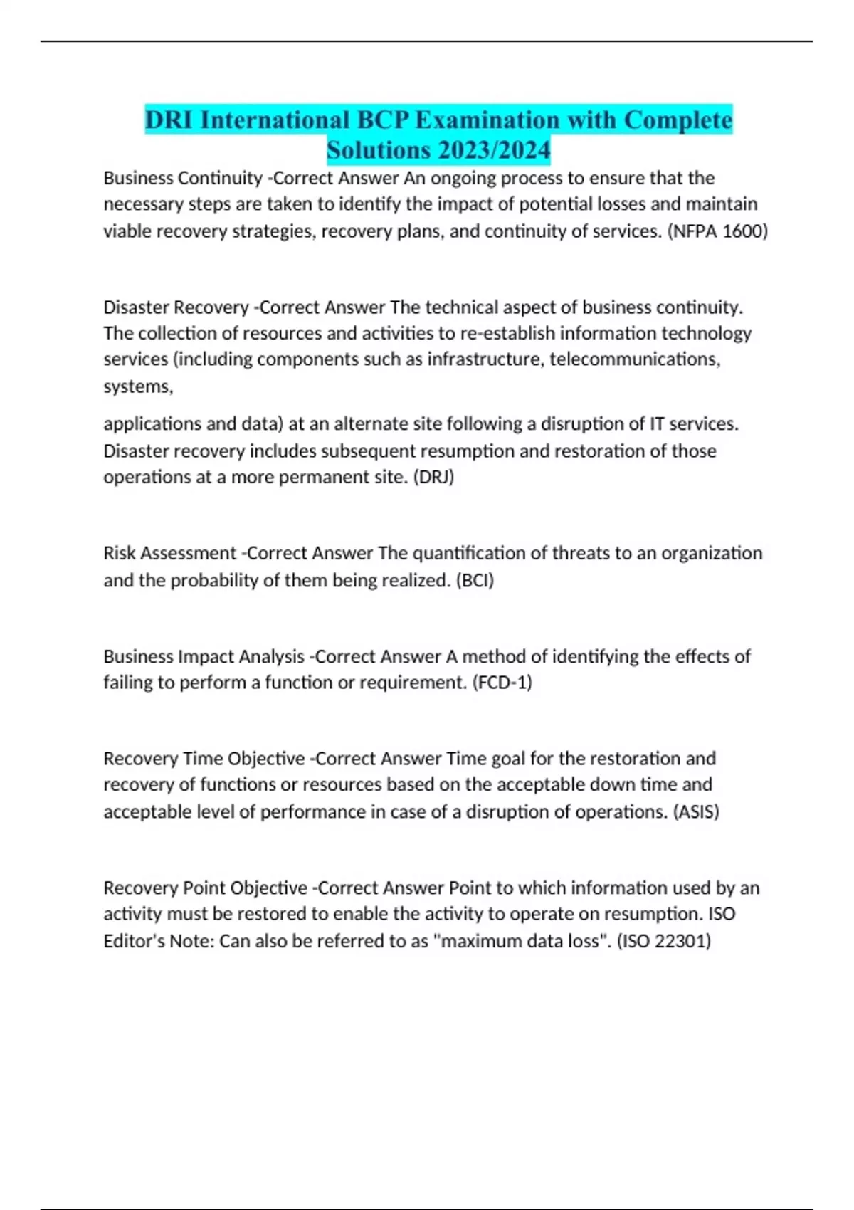 DRI International BCP Examination with Complete Solutions 2023/2024 ...