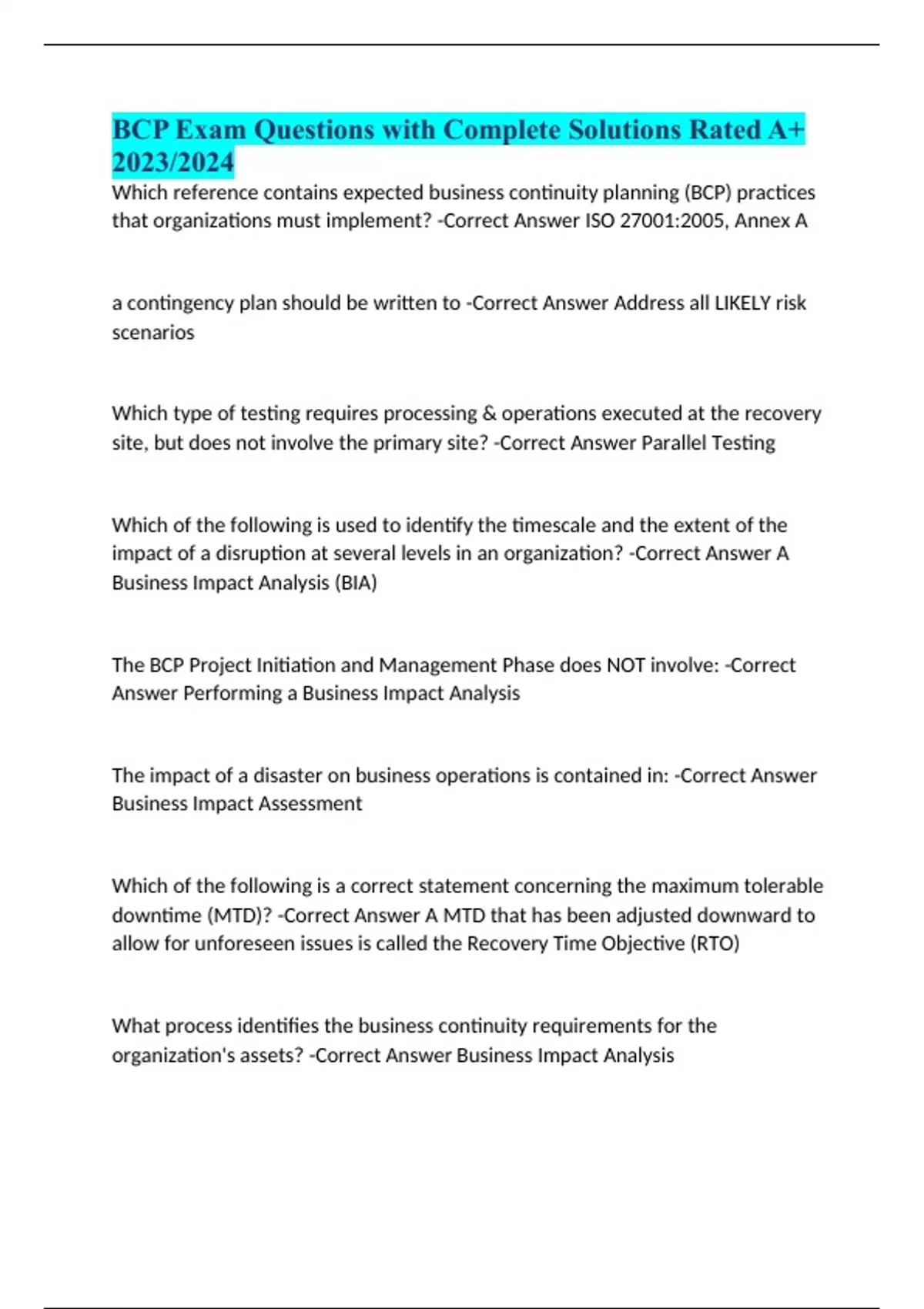 BCP Exam Questions with Complete Solutions Rated A+ 2023/2024 - BCP - Stuvia US