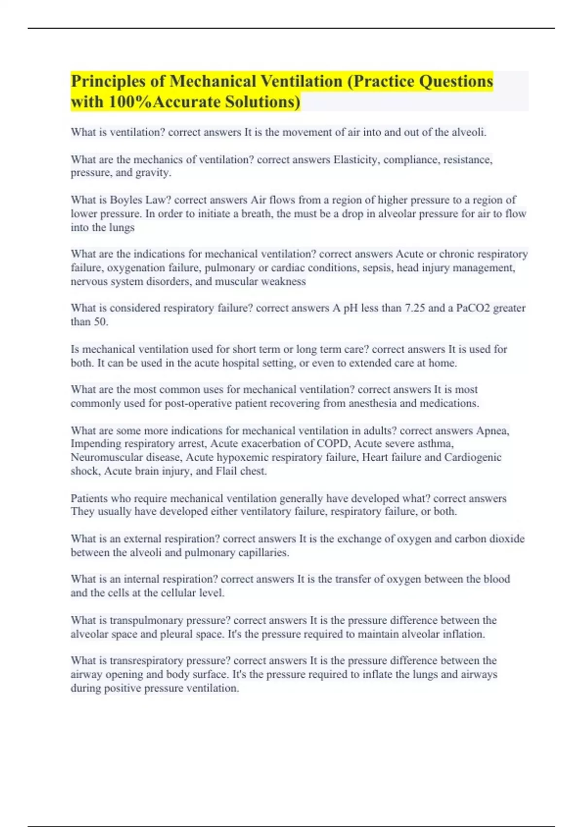 Principles of Mechanical Ventilation (Practice Questions with 100 ...