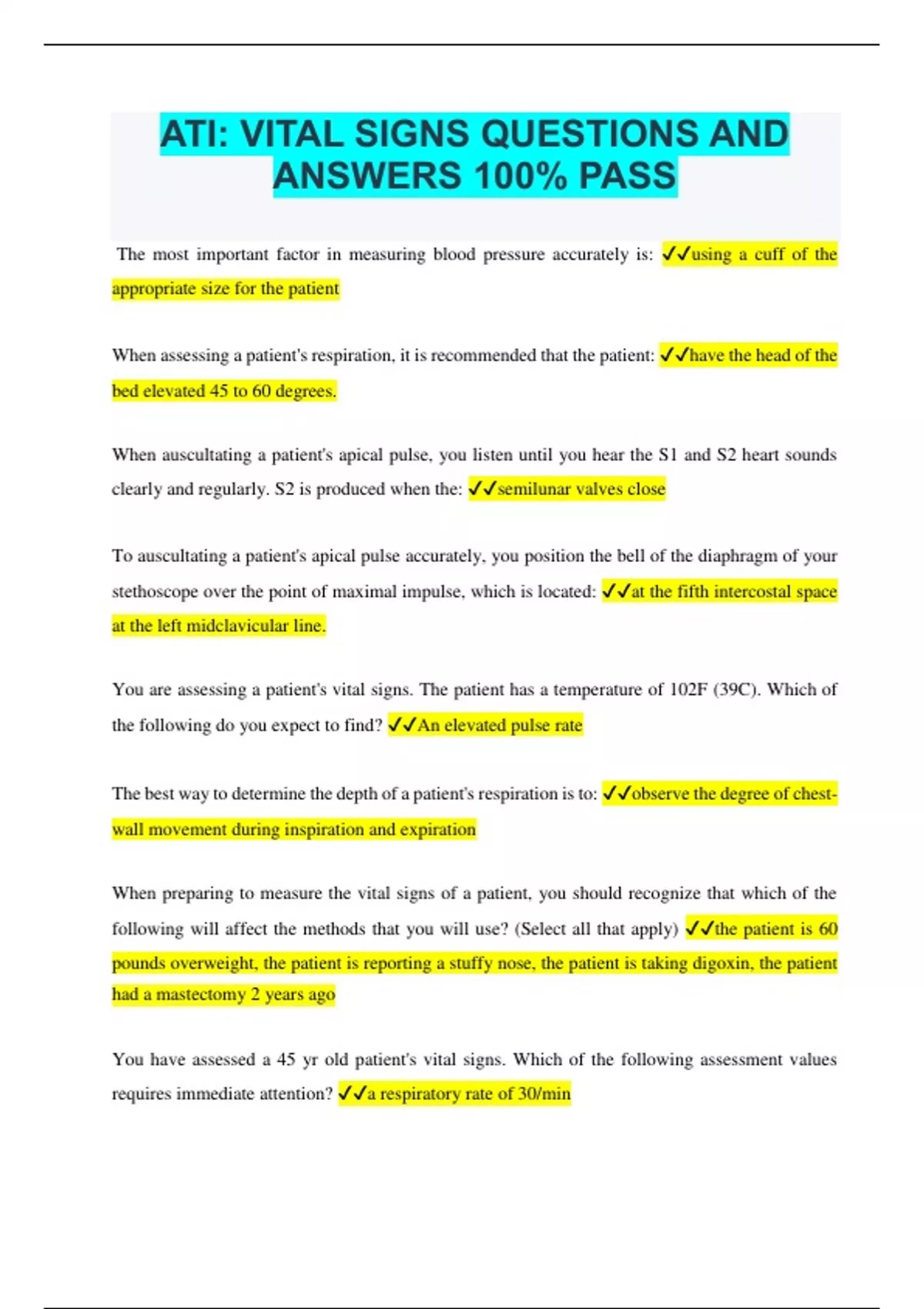 ATI: VITAL SIGNS QUESTIONS AND ANSWERS 100% PASS - ATI: VITAL SIGNS ...