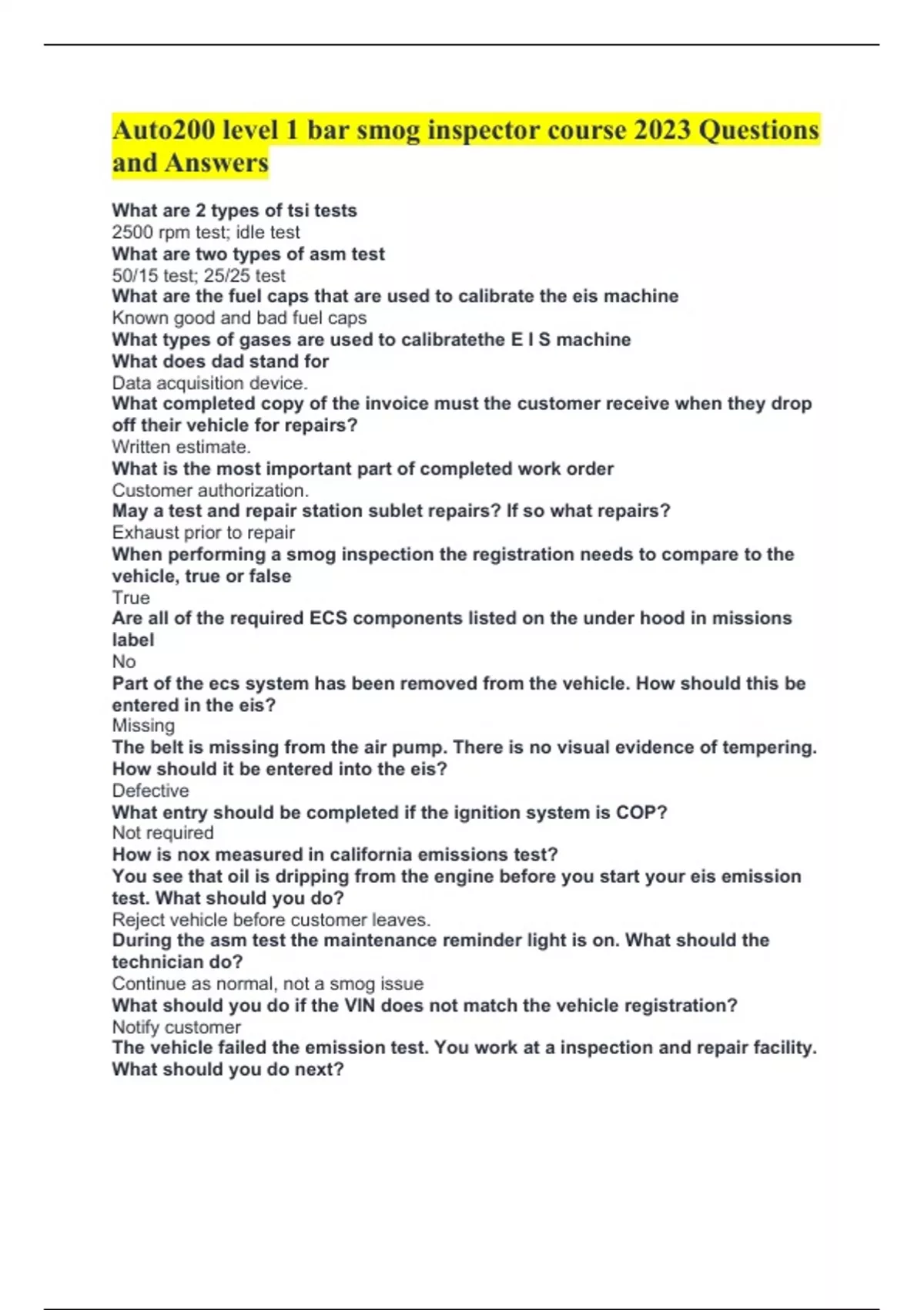 Auto200 level 1 bar smog inspector course 2023 Questions and Answers ...