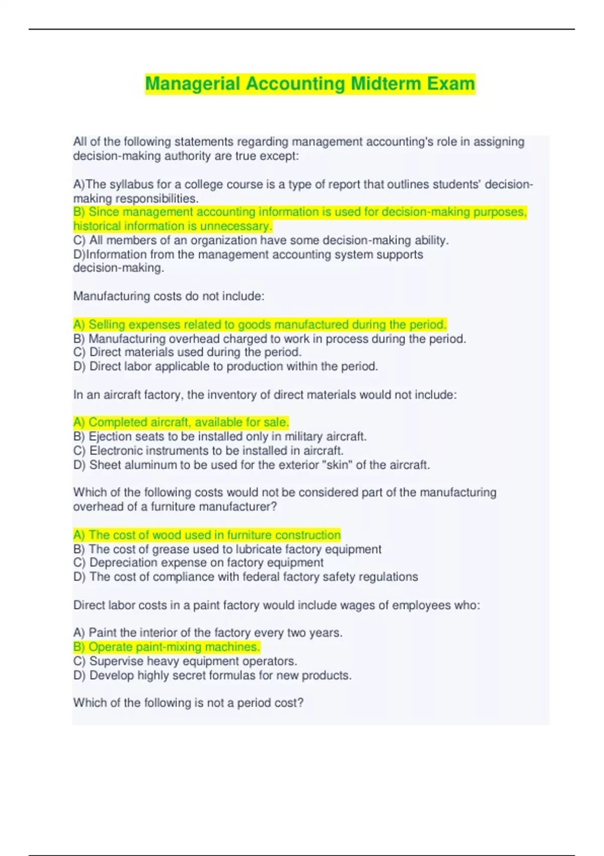 MANAGERIAL ACCOUNTING FINAL AND MIDTERM EXAMS PACKAGE - Stuvia US