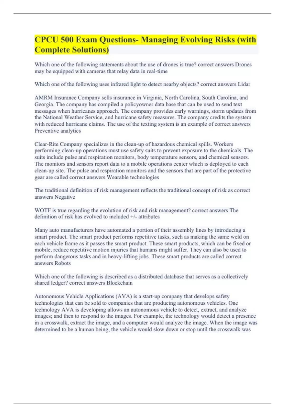 CPCU 500 Exam Questions- Managing Evolving Risks (with Complete ...