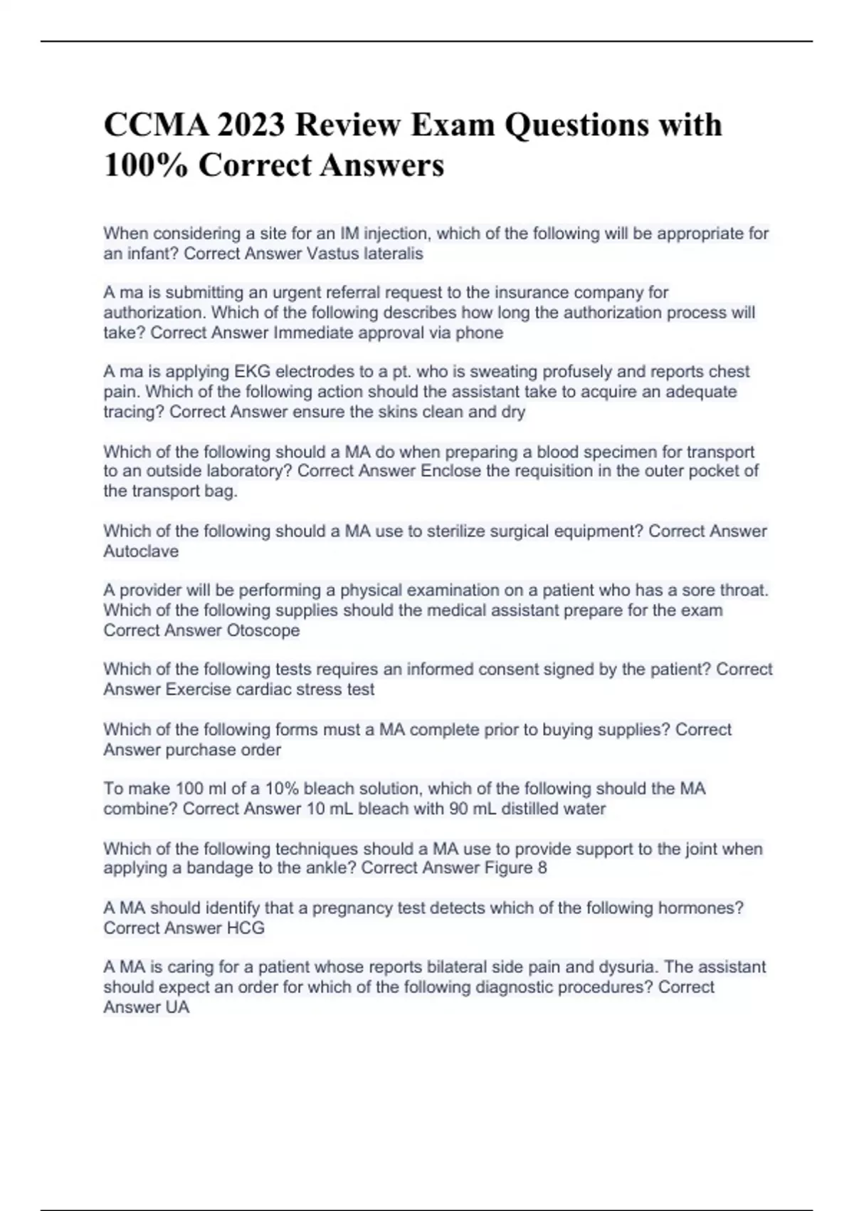 CCMA 2023 Review Exam Questions with 100% Correct Answers - CCMA 2023 ...