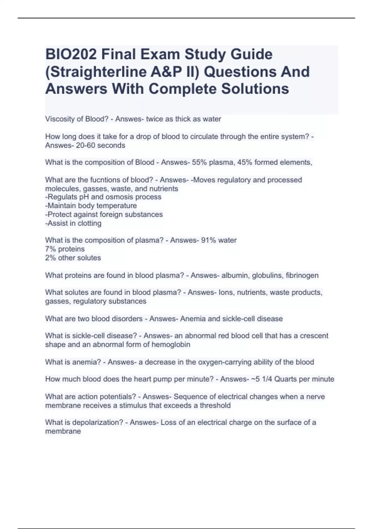 BIO202 Final Exam Study Guide (Straighterline A&P II) Questions And ...