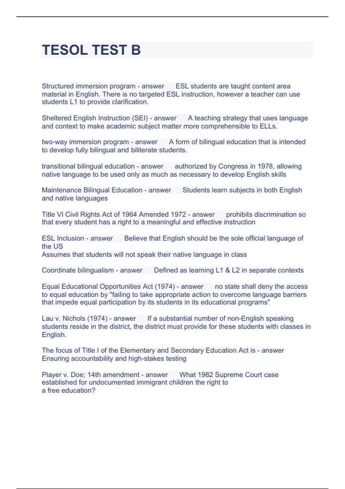 TESOL TEST B Questions with correct Answers 2023 - TESOL - Stuvia US