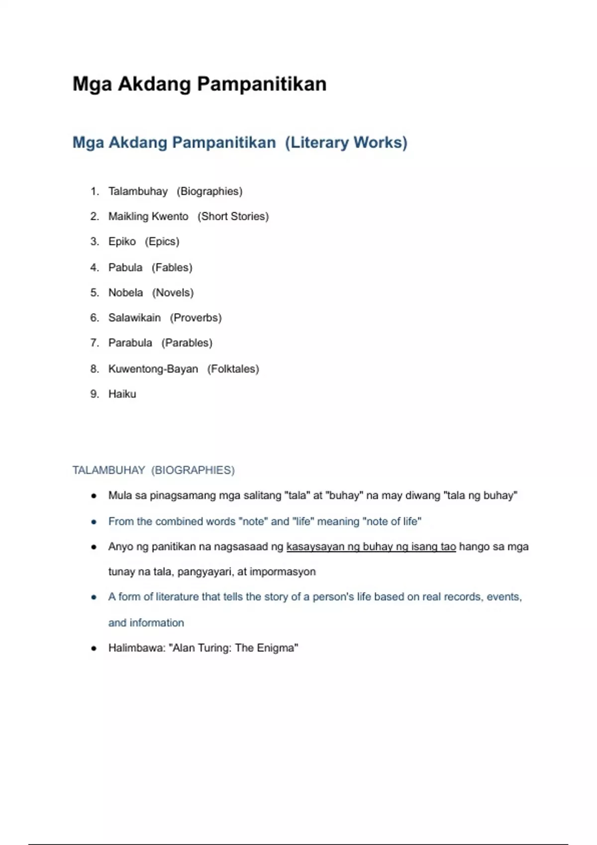 Mga Akdang Pampanitikan (with English Translation) - Filipino Study ...
