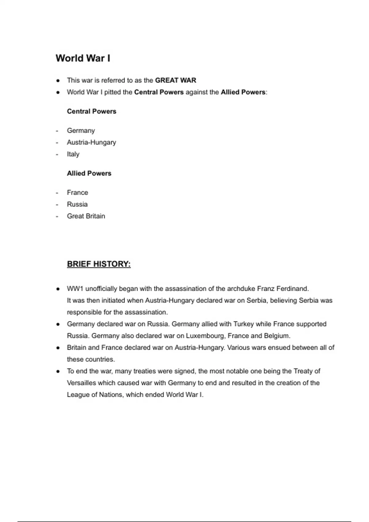 World War I (Important Terms and Names) - History Study Guide - History ...