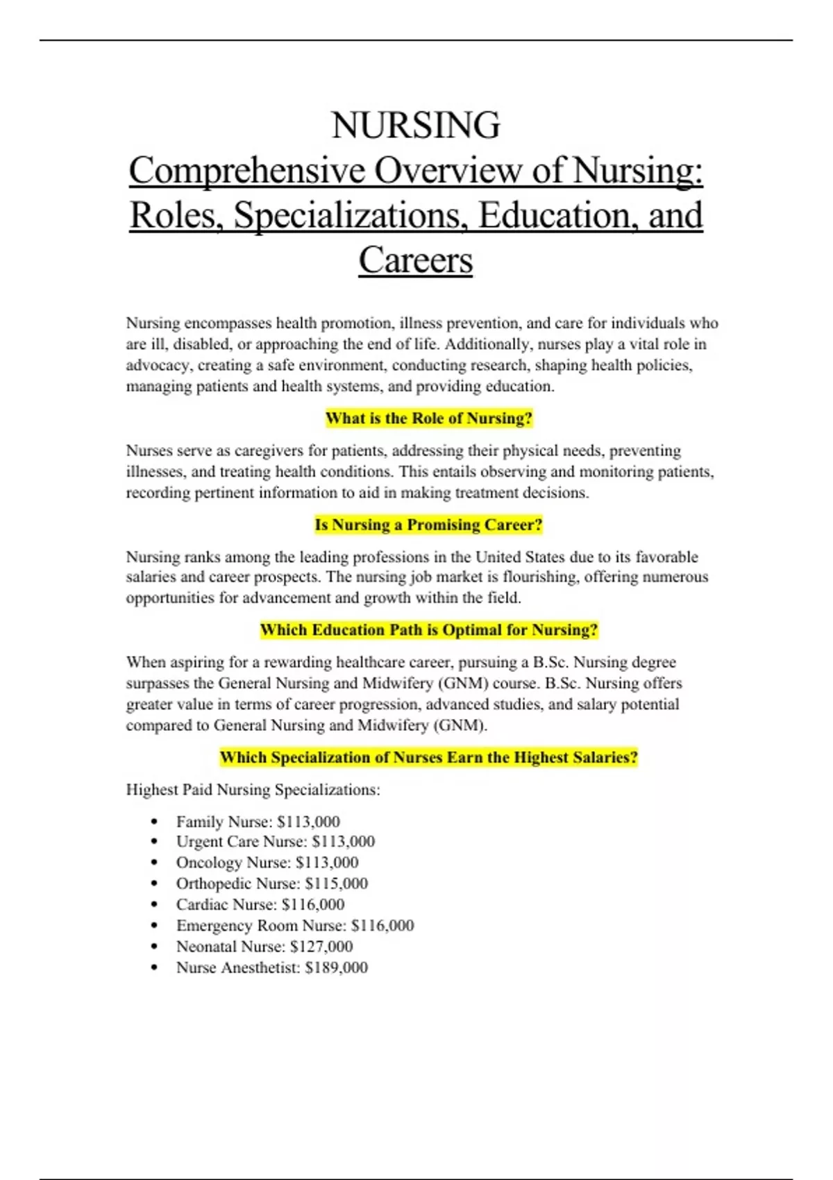 Summary Comprehensive Overview of Nursing: Roles, Specializations ...