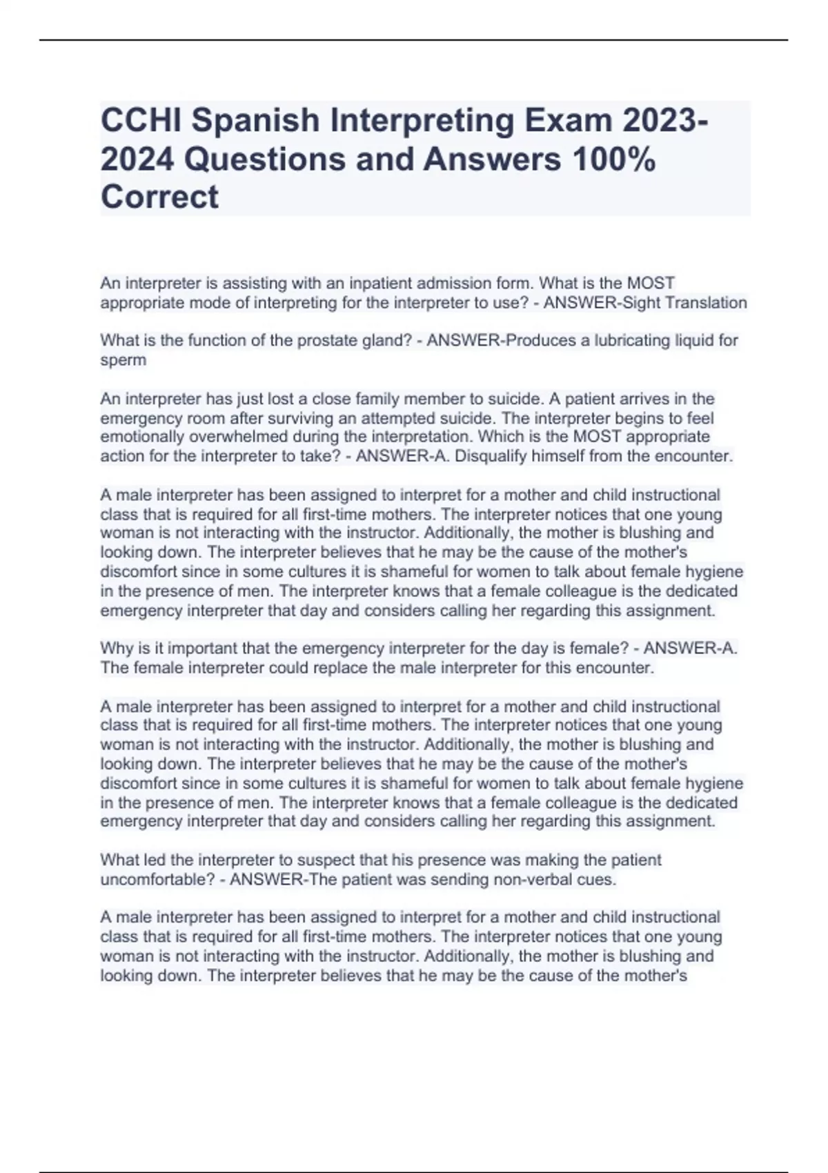 CCHI Spanish Interpreting Exam Questions and Answers 100% Correct ...