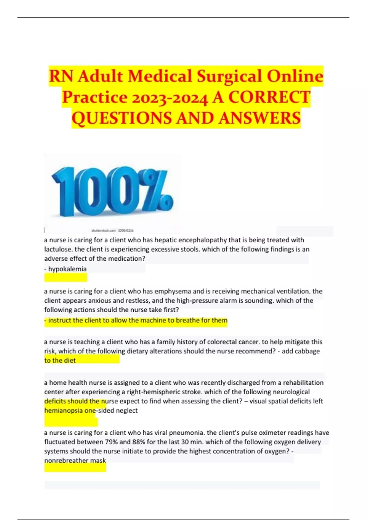 RN Adult Medical Surgical Online Practice A CORRECT QUESTIONS AND ...