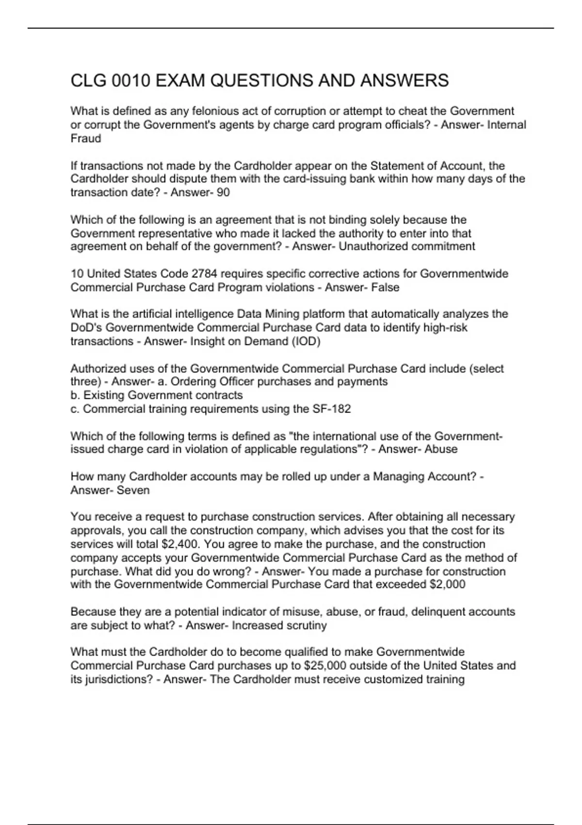 CLG 0010 EXAM QUESTIONS AND ANSWERS - CLG 0010 - Stuvia US