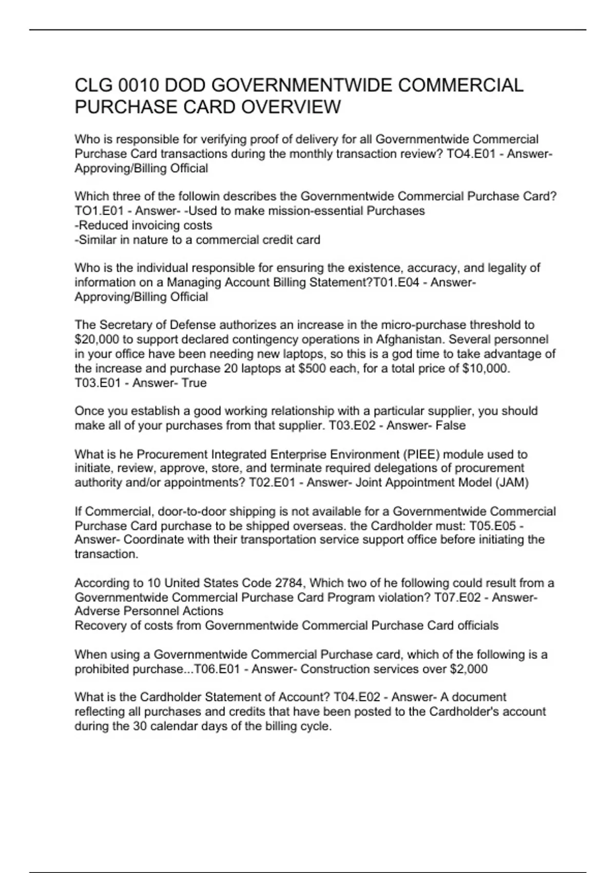 CLG 0010 DoD Governmentwide Commercial Purchase Card Overview - CLG 0010 - Stuvia US