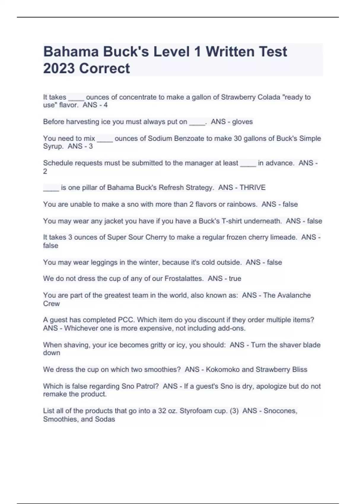 Bahama Buck's Level 1 Written Test 2023 Correct - Bahamas - Stuvia US