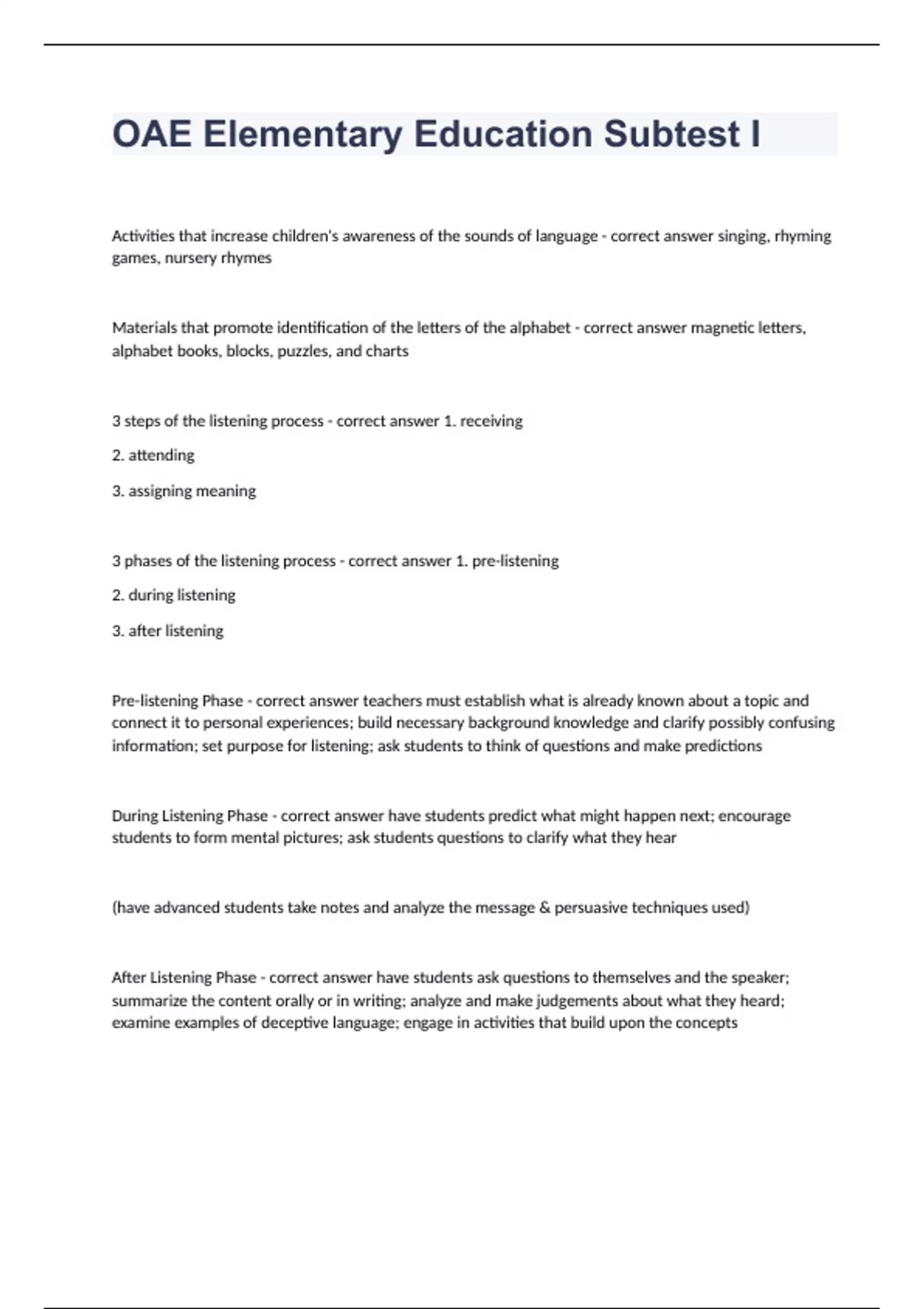 OAE Elementary Education Subtest I fully solved 2023 passed - OAE ...