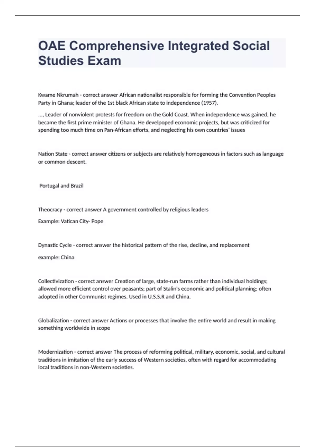 OAE Comprehensive Integrated Social Studies Exam fully solved graded A+ ...