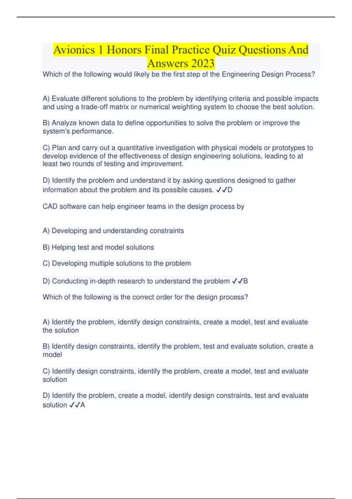 Avionics 1 Honors Final Practice Quiz Questions And Answers 2023 ...