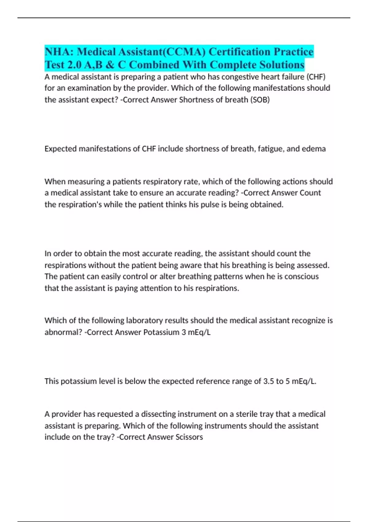 NHA: Medical Assistant(CCMA) Certification Practice Test 2.0 A,B & C ...