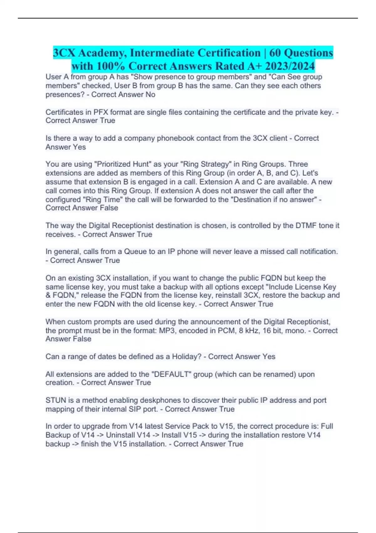 3CX Academy, Intermediate Certification | 60 Questions with 100% ...