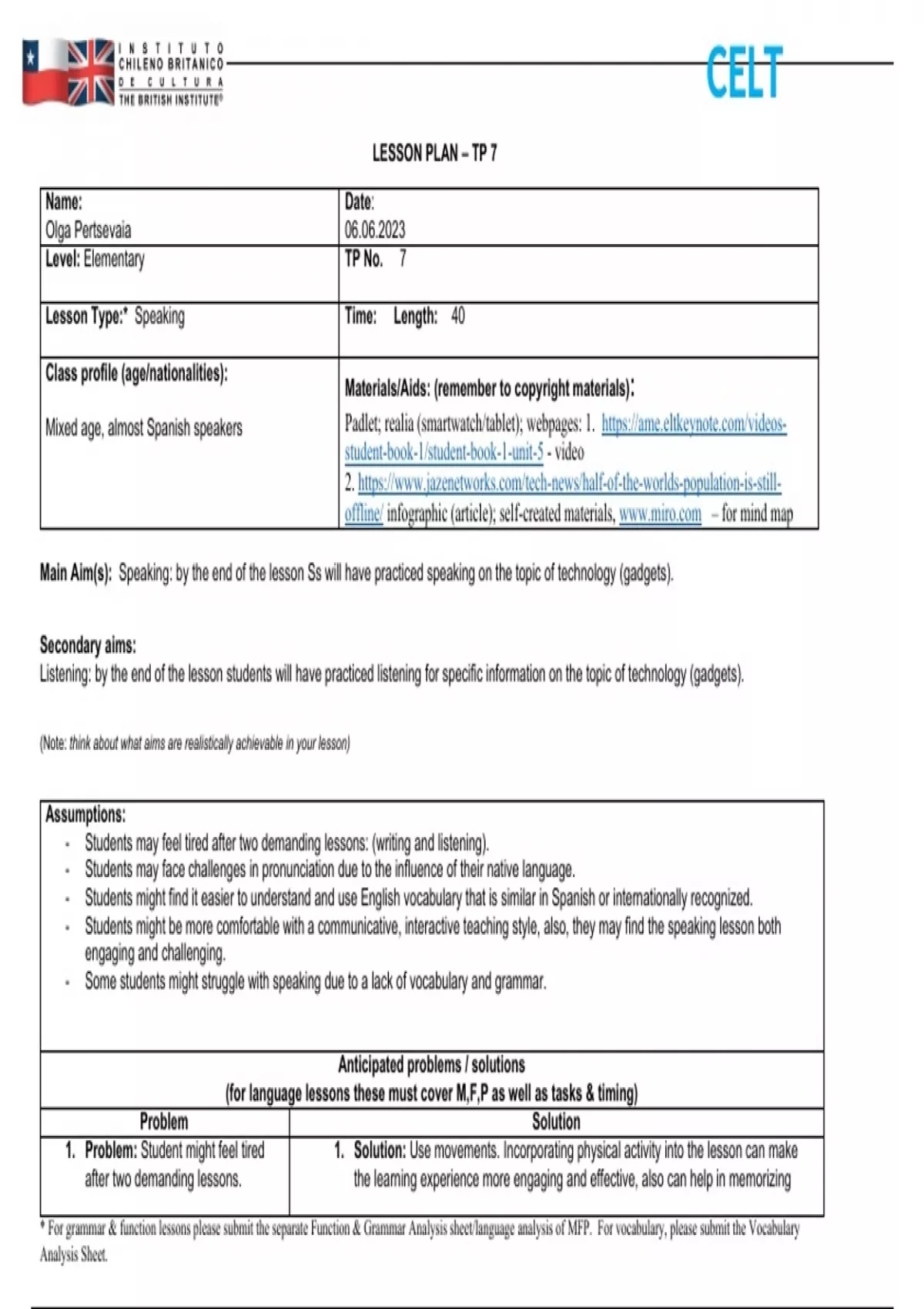 CELTA: Lesson Plan, TP 7 - CELTA - Stuvia US