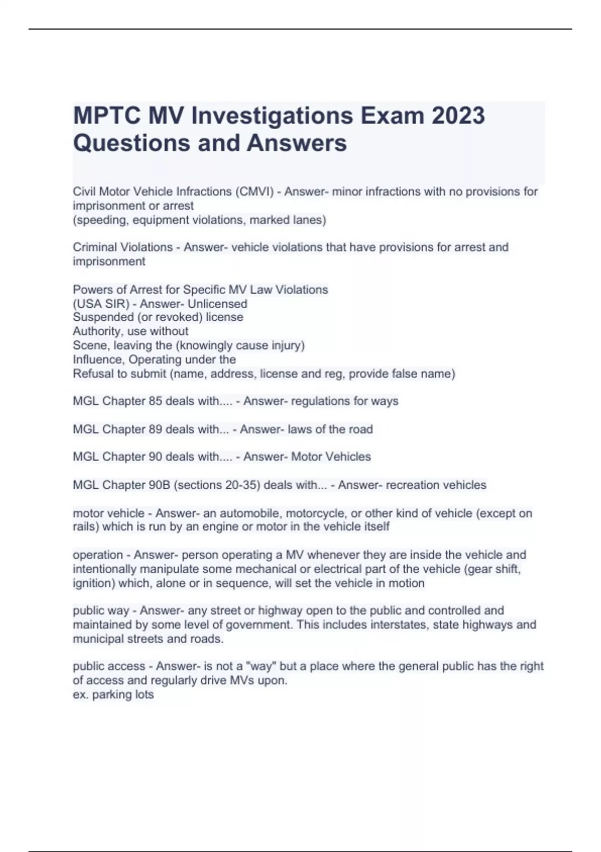 MPTC MV Investigations Exam 2023 Questions and Answers - MPTC MV ...